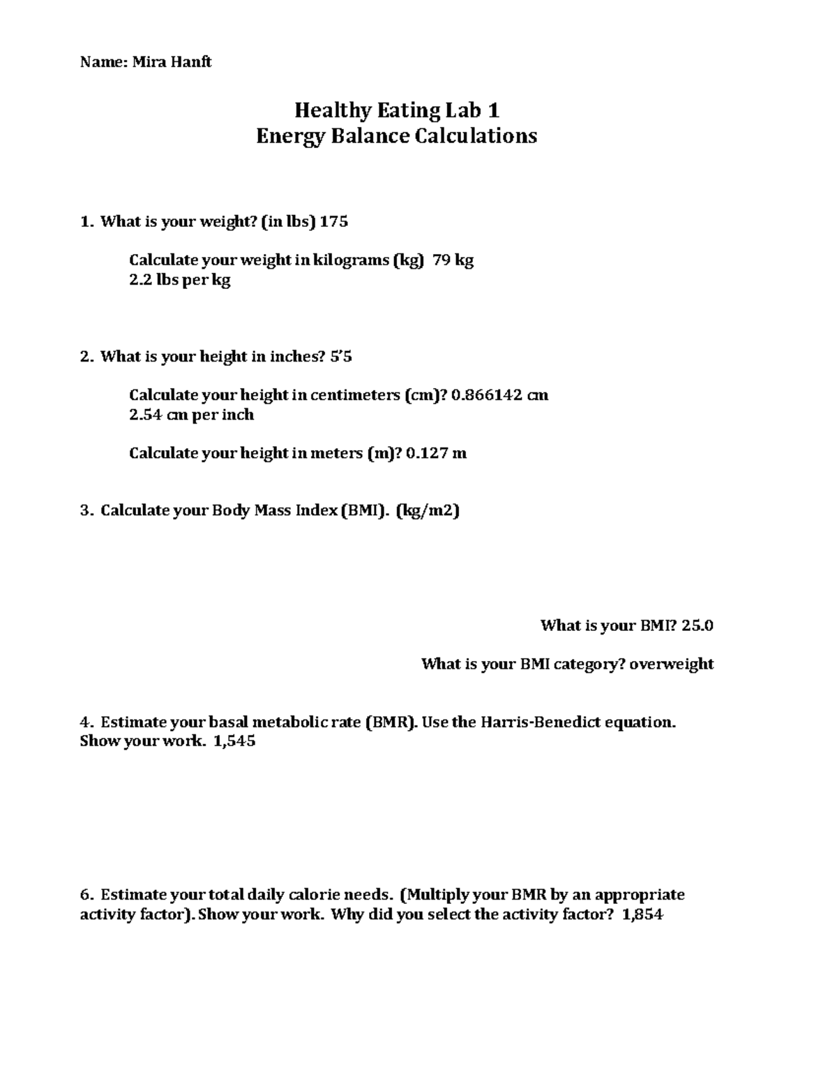 1 Lab Energy Balance assignment - Name: Mira Hanft Healthy Eating Lab 1 ...