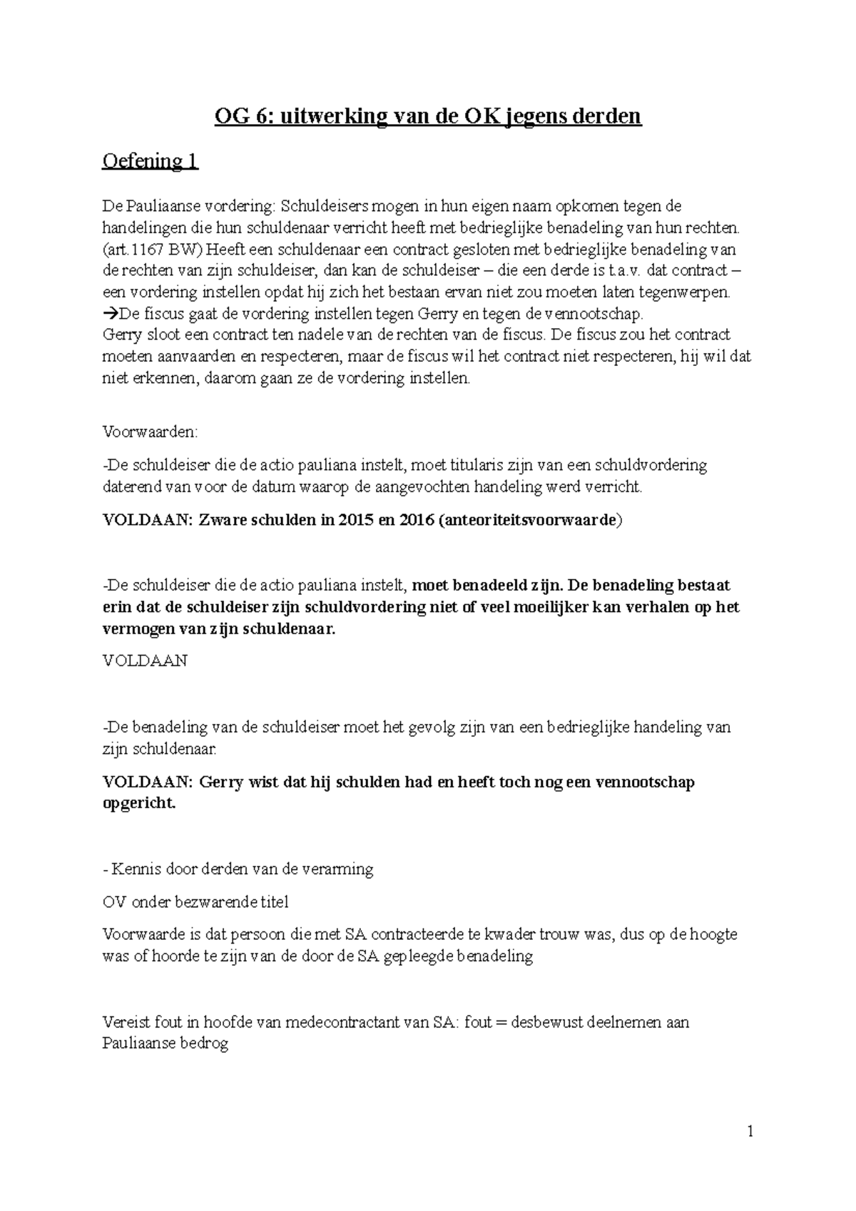 OG 6 - uitwerking van de overeenkomst jegens derden. pauliaanse ...