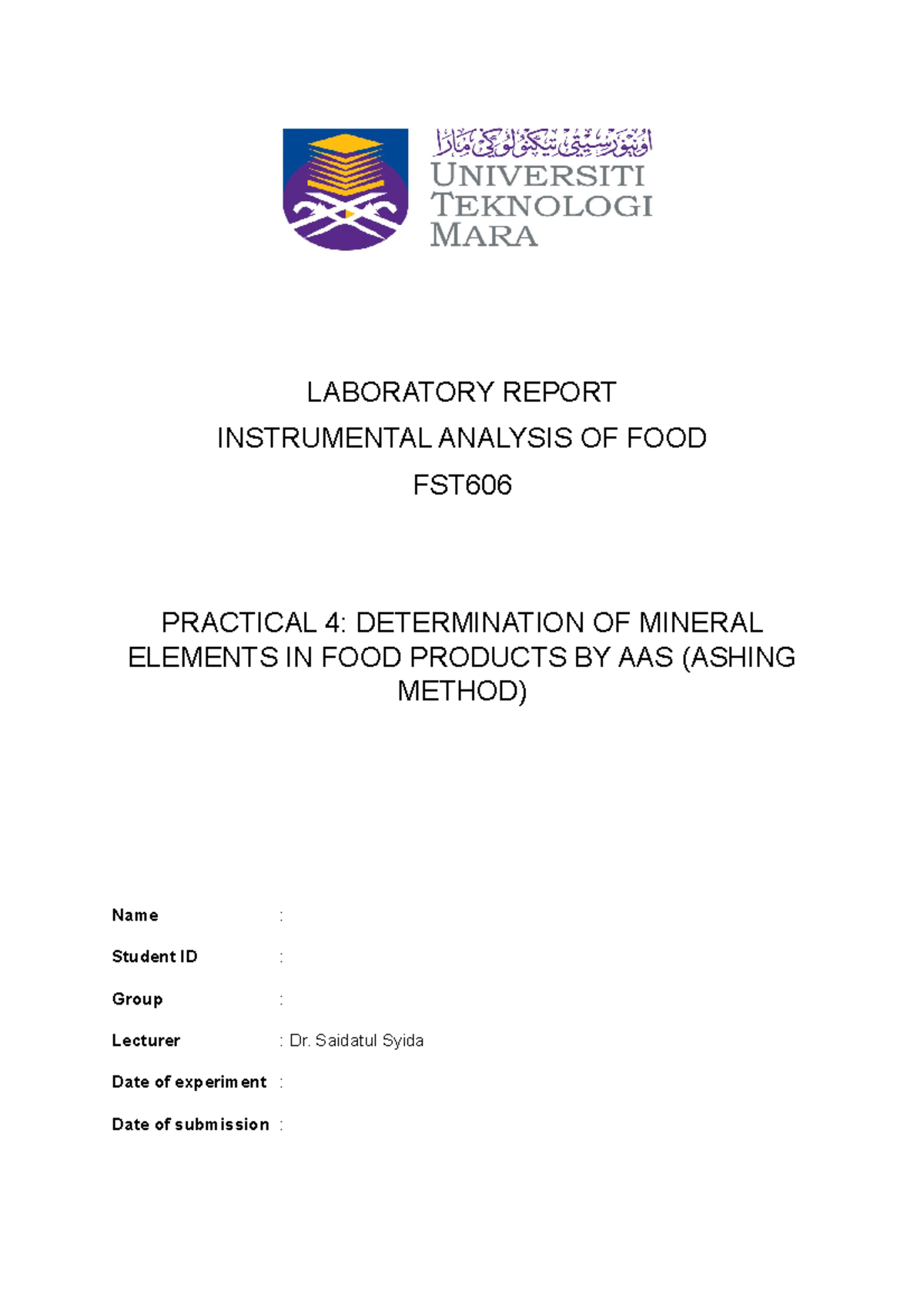 FST606 AAS - LABORATORY REPORT INSTRUMENTAL ANALYSIS OF FOOD FST ...