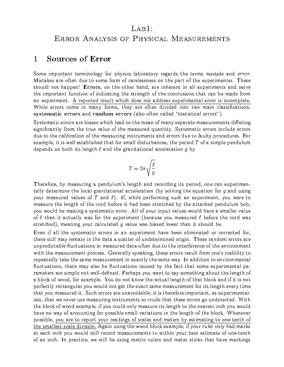 Phys1 Lab1 2023 - Practice Materials - Lab1: Error Analysis of Physical Measurements 1 Sources ...
