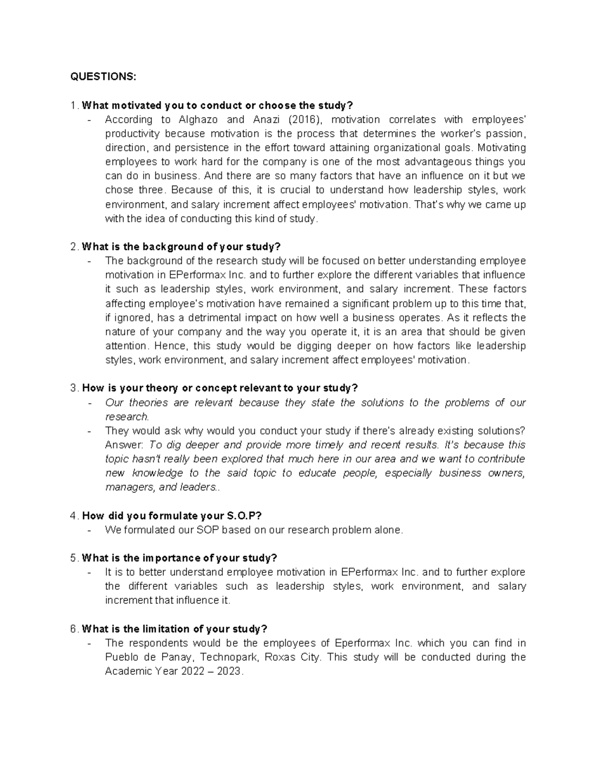 Answers to Pre Oral Defense Questions - QUESTIONS: What motivated you ...