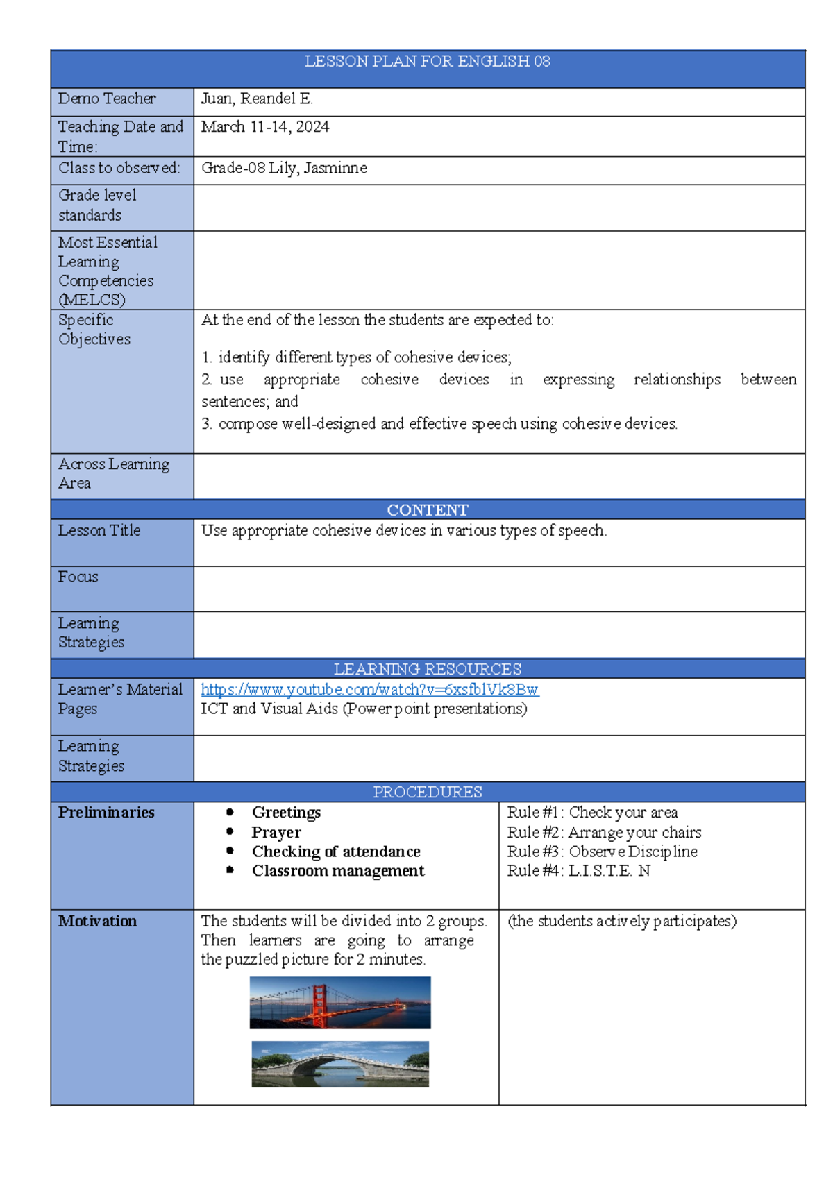 Lesson PLAN FOR English 08 - LESSON PLAN FOR ENGLISH 08 Demo Teacher Juan, Reandel E. Teaching ...