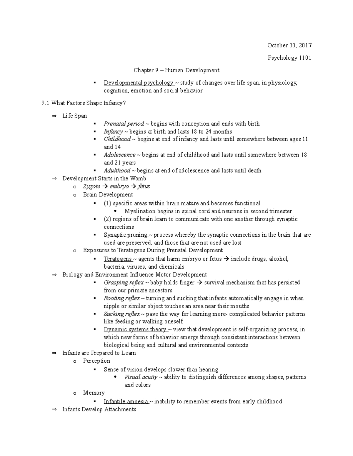 Chapter 9 - Human Development - October 30, 2017 Psychology 1101 Chapter 9 – Human Development ...