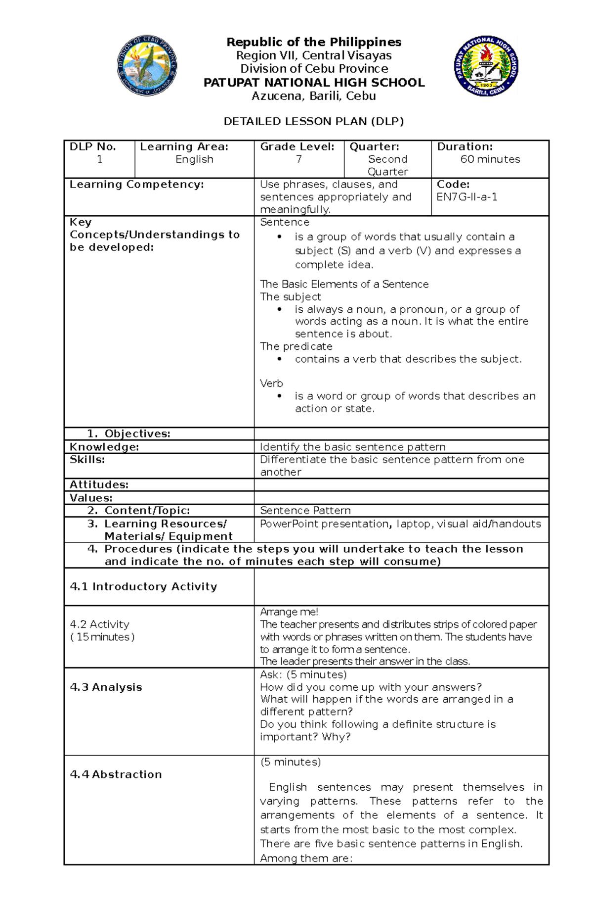 Sentence Pattern DLP - Lesson plan - Republic of the Philippines Region ...