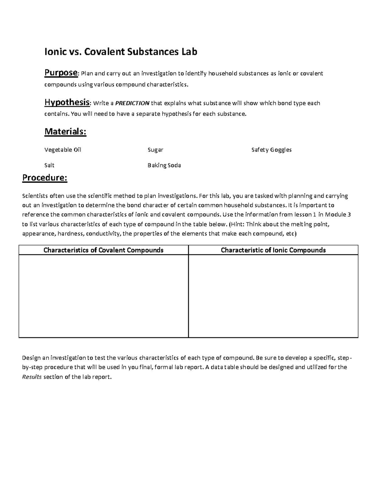 Bonding Lab - fill out as you like - Ionic vs. Covalent Substances Lab ...