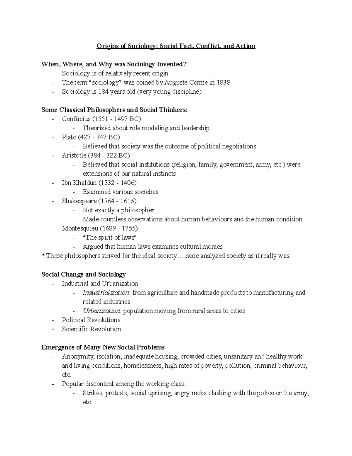 Origins of Sociology Social Fact, Conflict, and Action - ) were ...