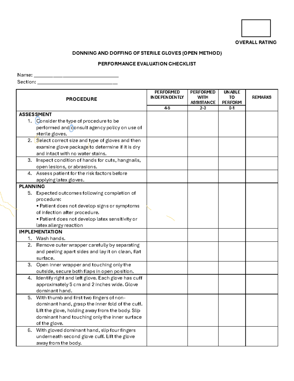 Gloving-Checklist - Great notes - OVERALL RATING DONNING AND DOFFING OF ...