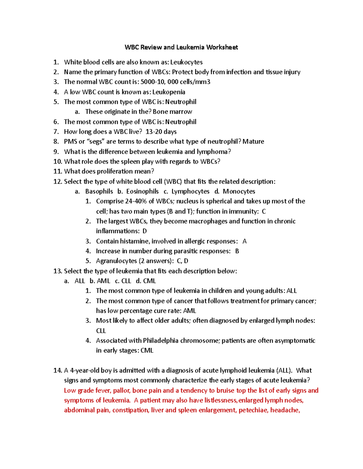 WBC Review and Leukemia Worksheet- Answers - WBC Review and Leukemia ...