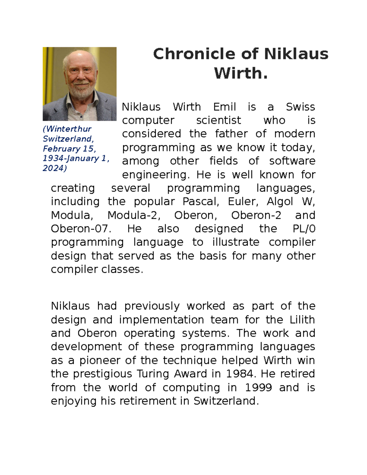 Chronicle of niklaus wirth - Niklaus Wirth Emil is a Swiss computer ...
