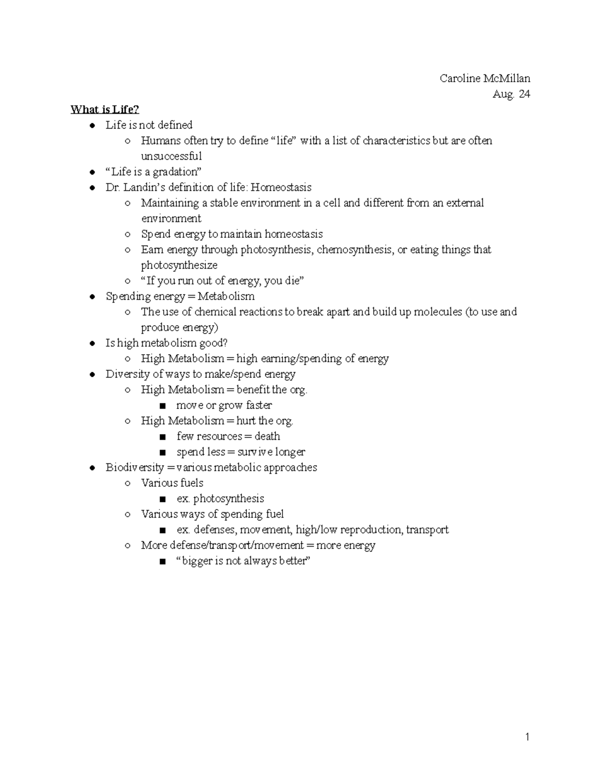 What is Life - Lecture notes Unit One - Caroline McMillan Aug. 24 What ...