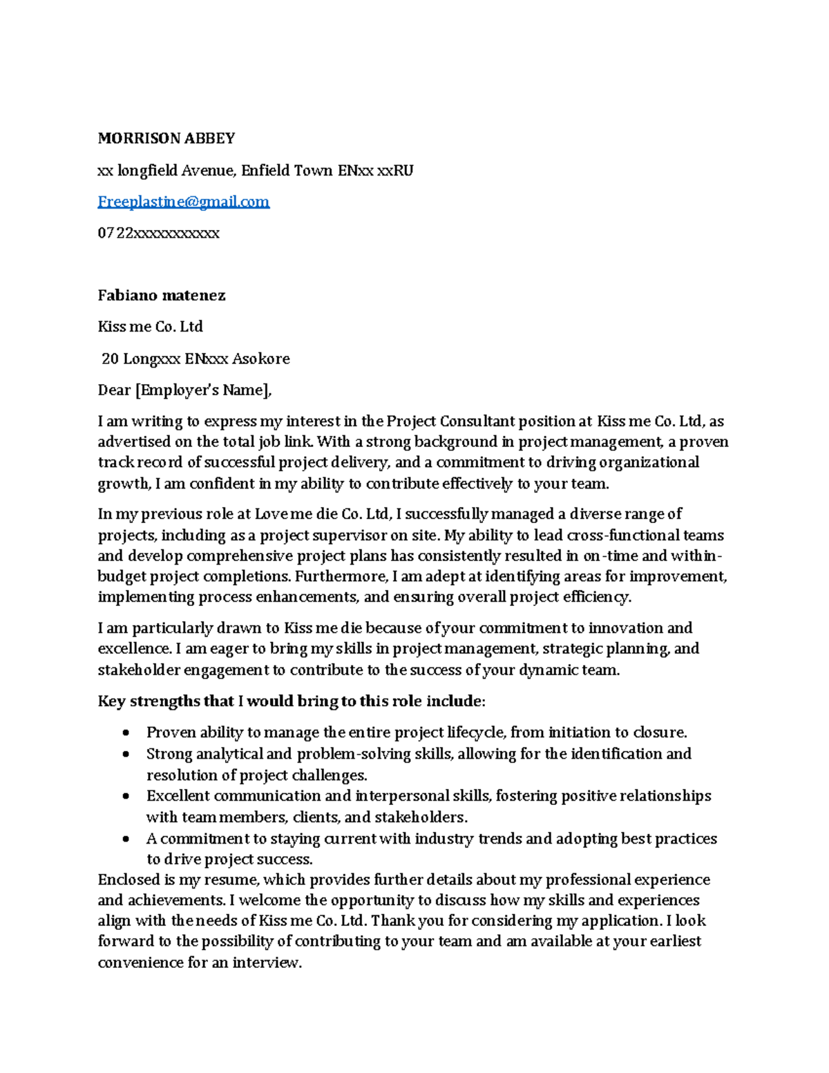 My cover Letter - MORRISON ABBEY xx longfield Avenue, Enfield Town ENxx ...