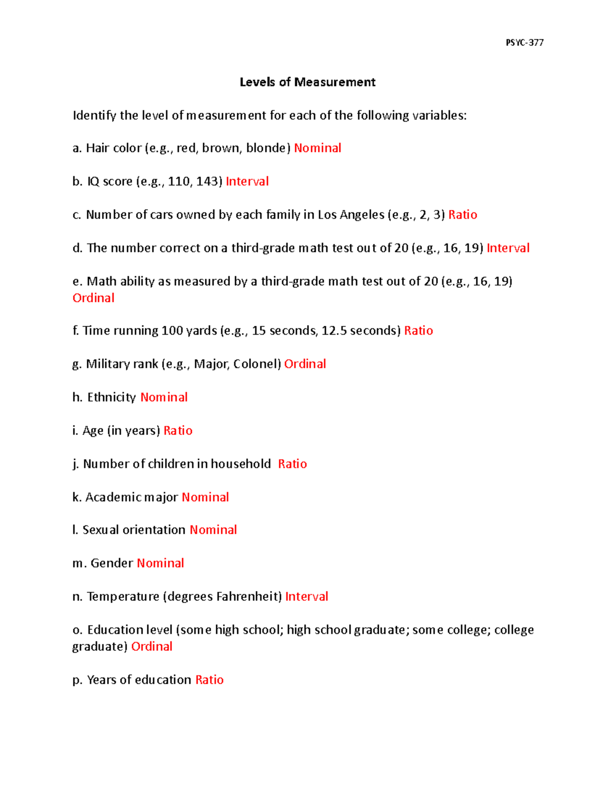 Levels of Measurement - PSYC- Levels of Measurement Identify the level ...