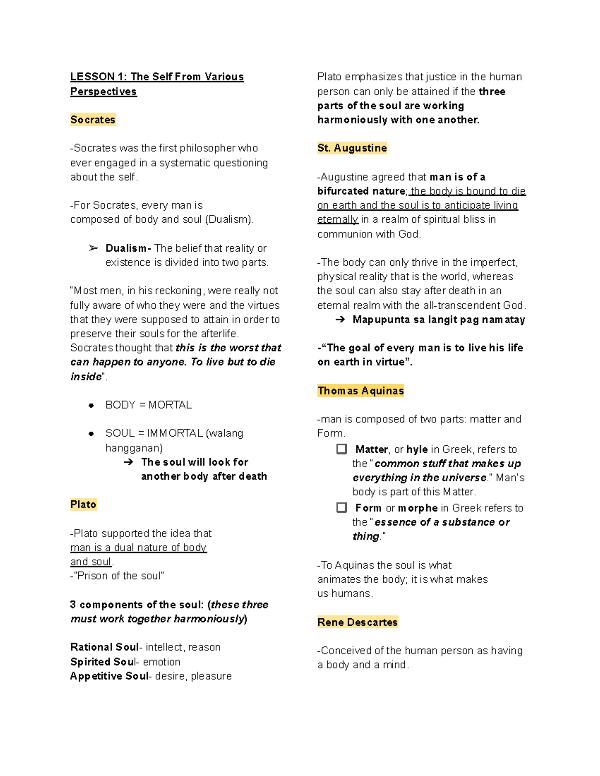 US- Reviewer- Prelims - hope this helps! - LESSON 1: The Self From ...