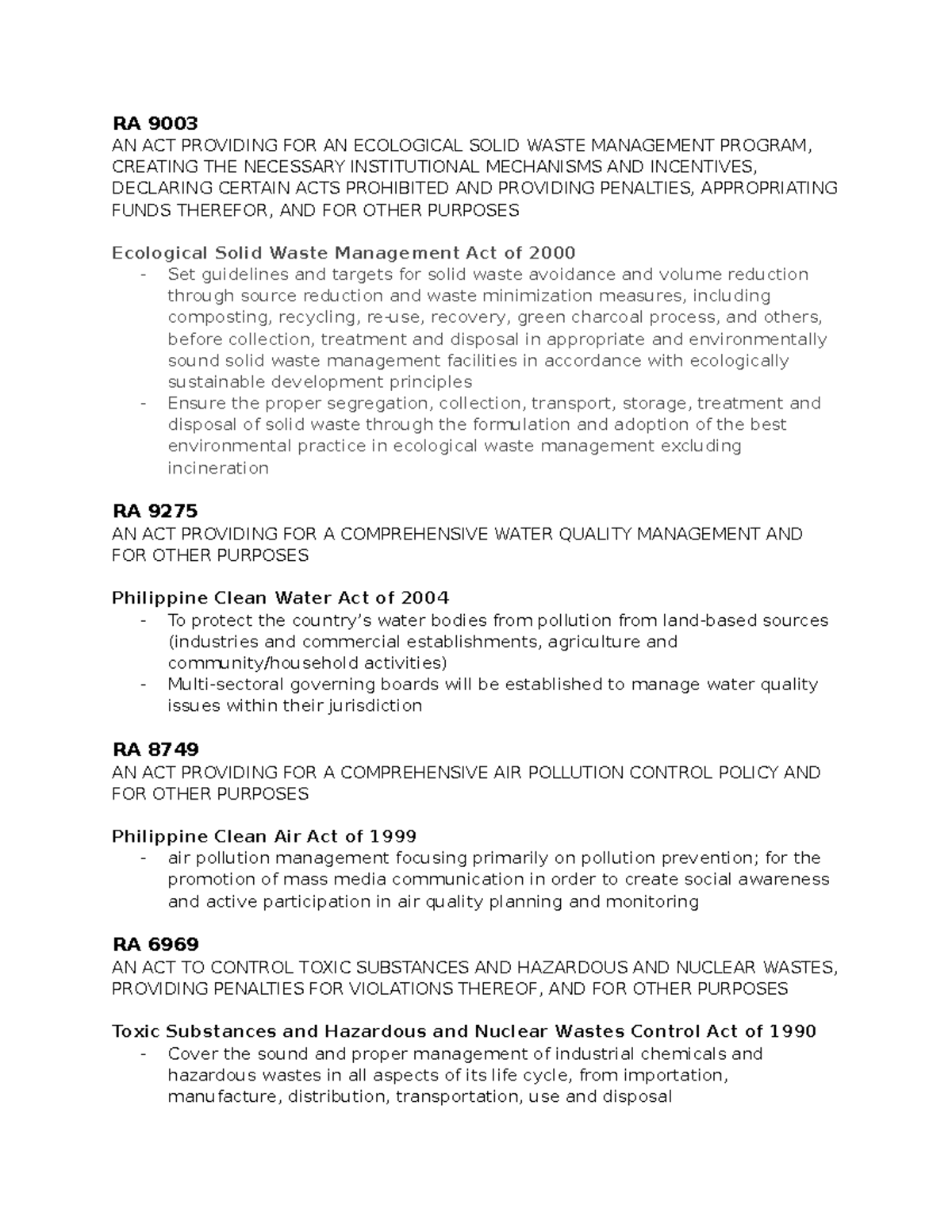 Environmental Laws - Summary Bachelors Law - RA 9003 AN ACT PROVIDING ...