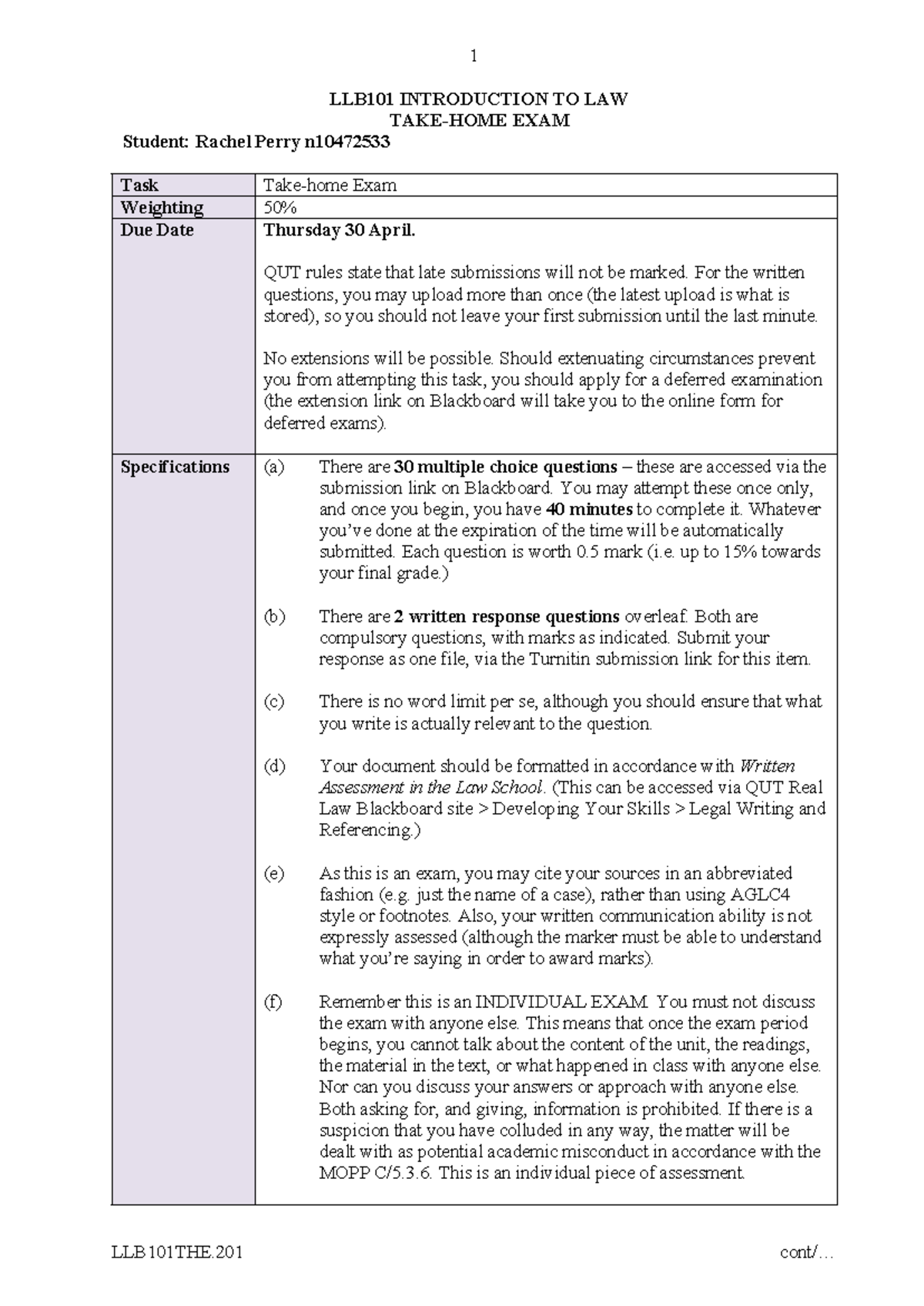 LLB101 exam - LLB101 INTRODUCTION TO LAW TAKE-HOME EXAM Student: Rachel ...