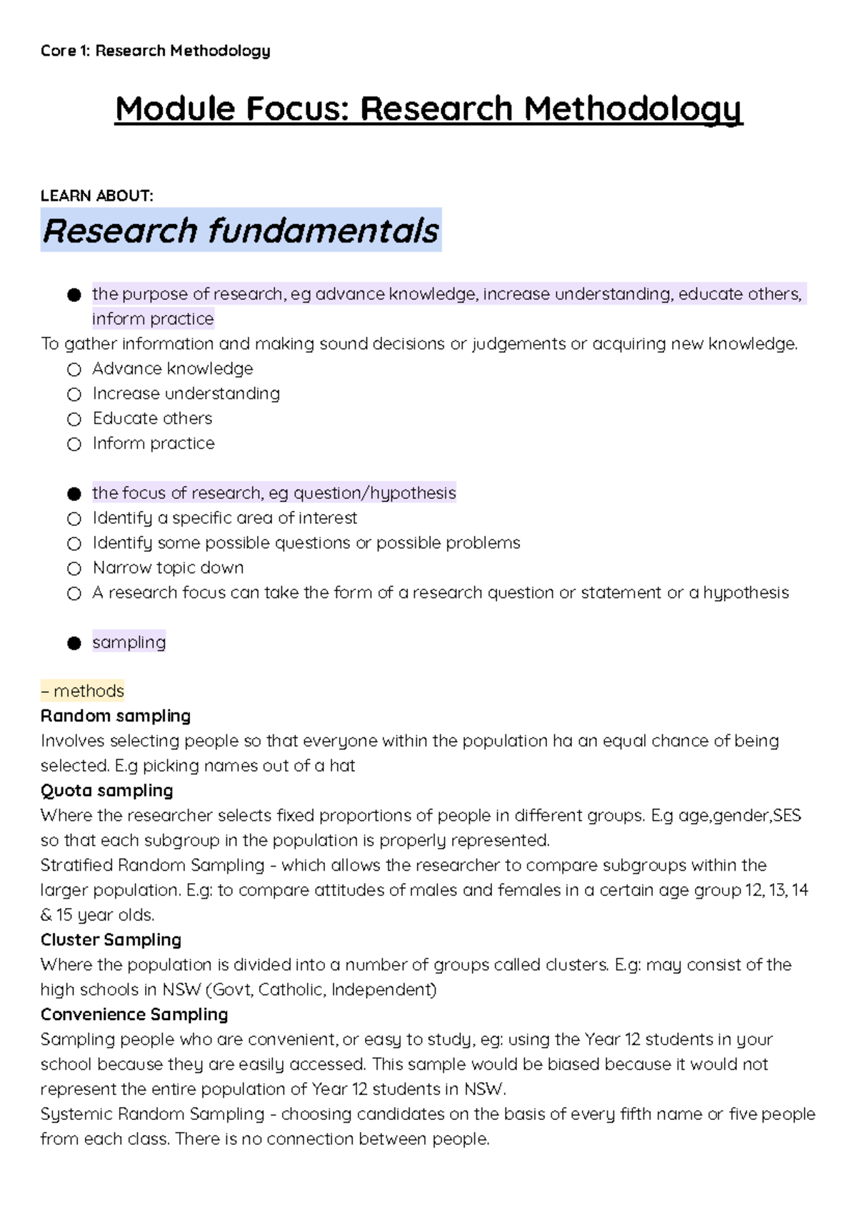 CAFS HSC CORE 1 Study note template - Core 1: Research Methodology ...