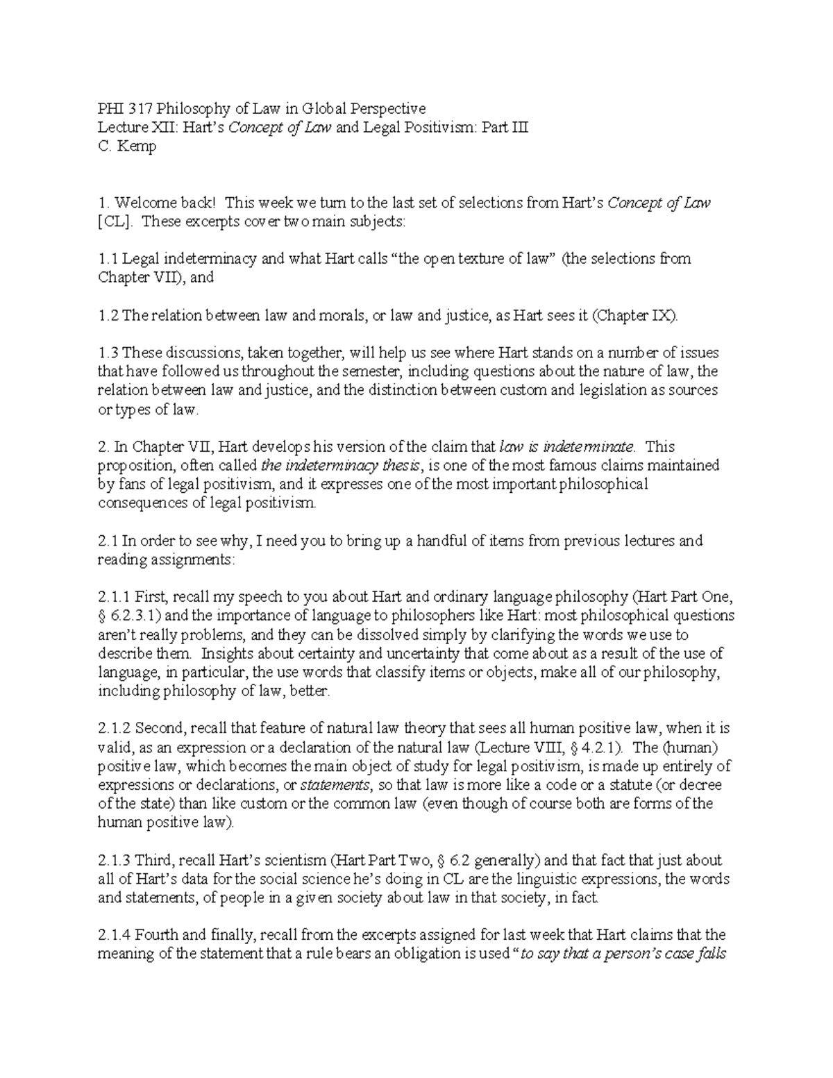 PHI 317 Lecture Twelve Hart Part Three - PHI 317 Philosophy of Law in ...