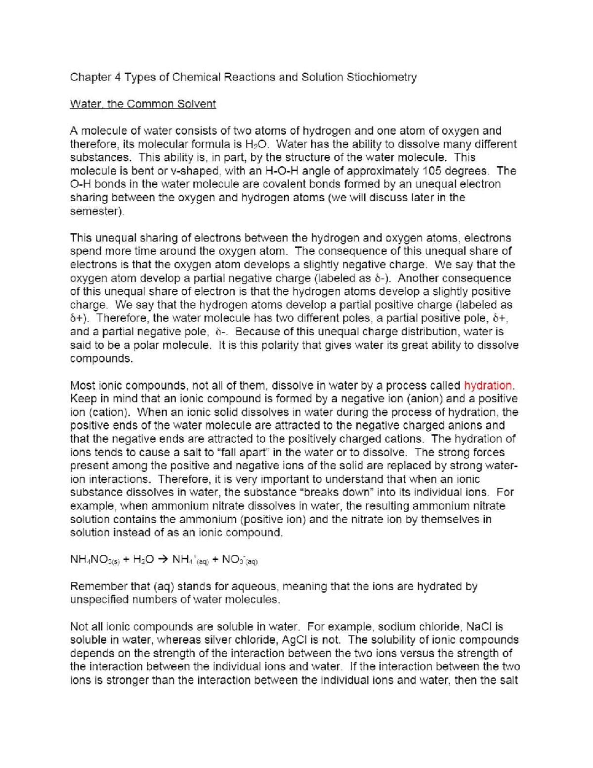 CHEM 1211 Chapter four notes - Chapter 4 Types of Chemical Reactions ...