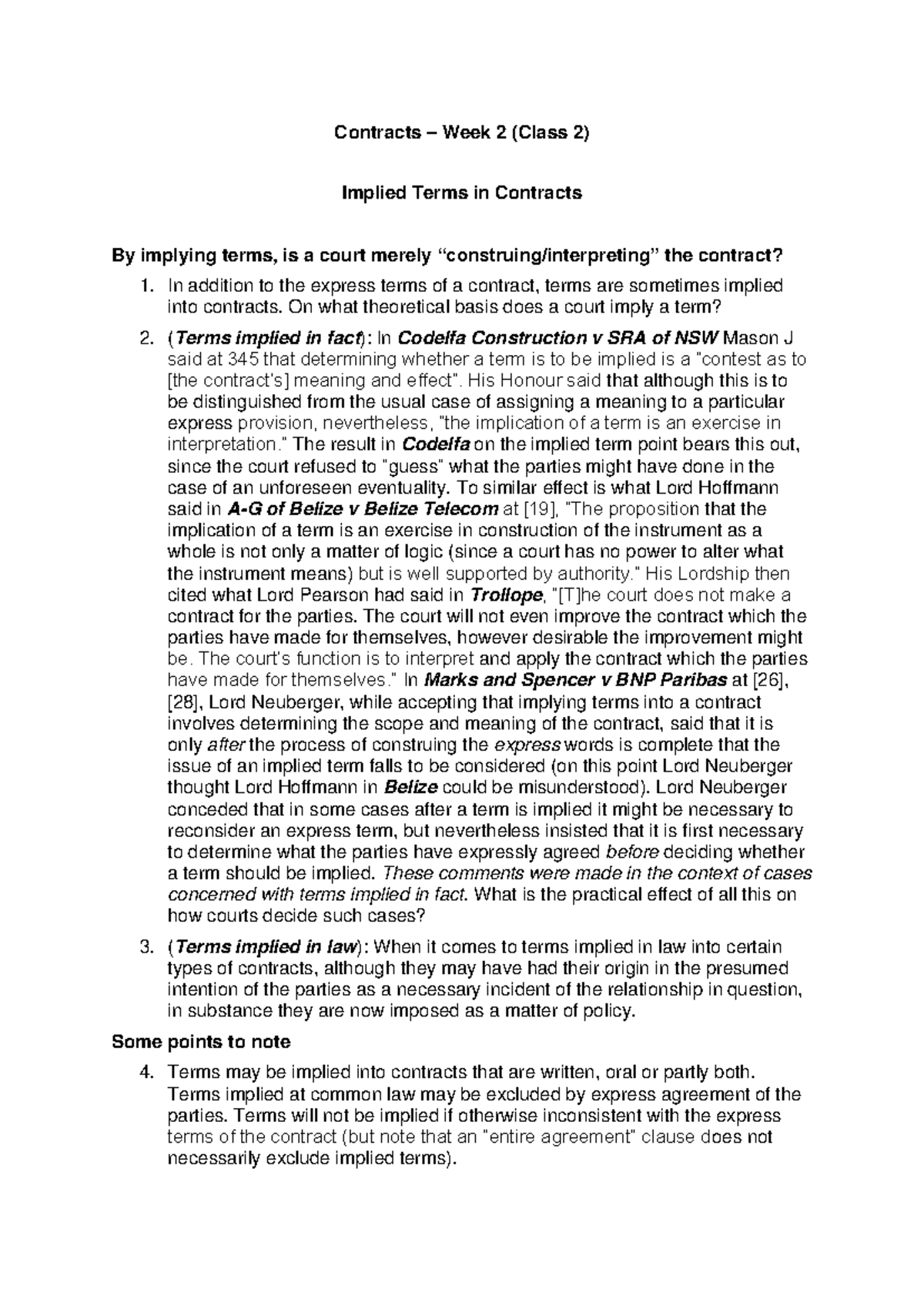 Contracts Outline - Week 2 Class 2 - Contracts – Week 2 (Class 2 ) Implied Terms in Contracts By ...