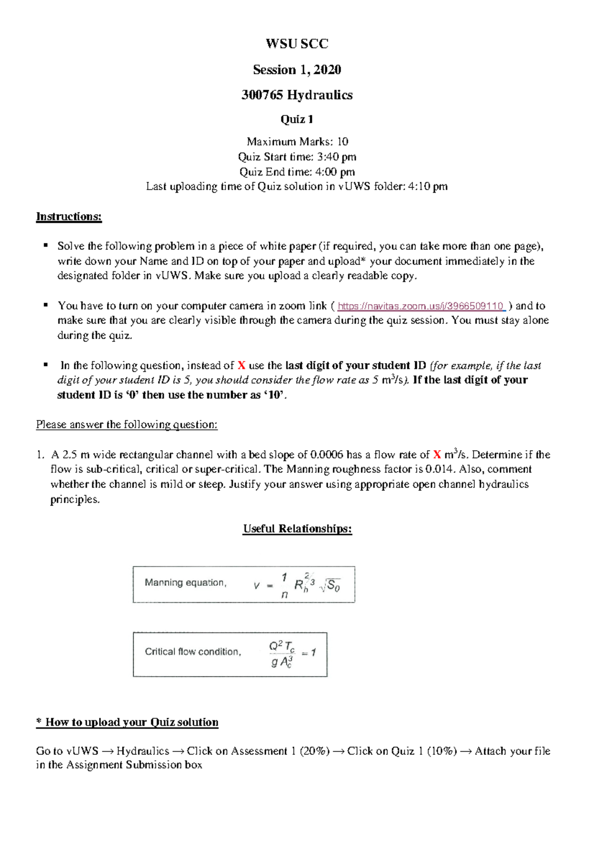 Quiz 1 2020 Warning Tt Undefined Function 32 Wsu Scc Session 1 2020 300765 Hydraulics Quiz