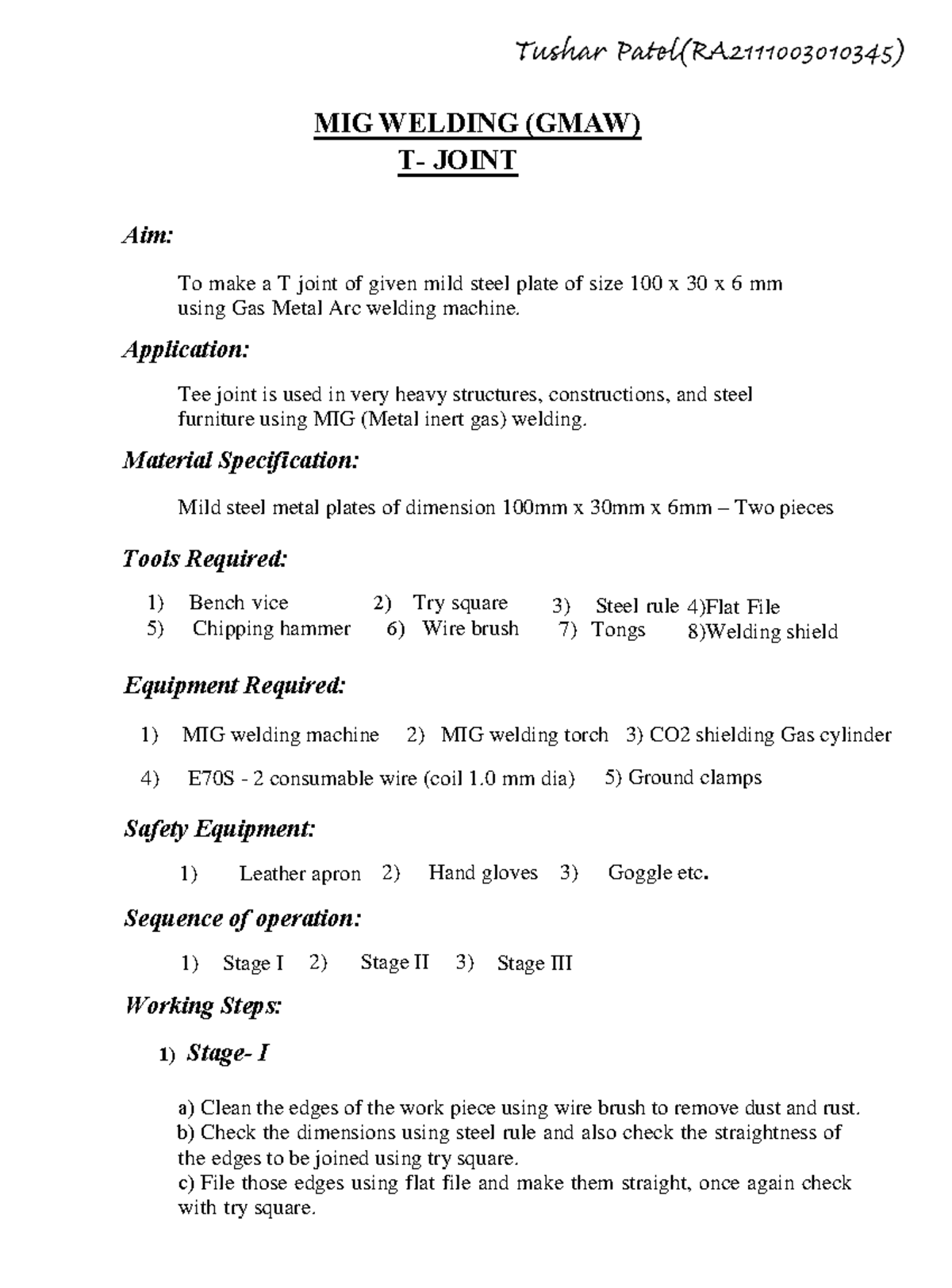 Ex No -3 MIG Welding (GMAW) - Tee joint - T- JOINT Aim: To make a T ...