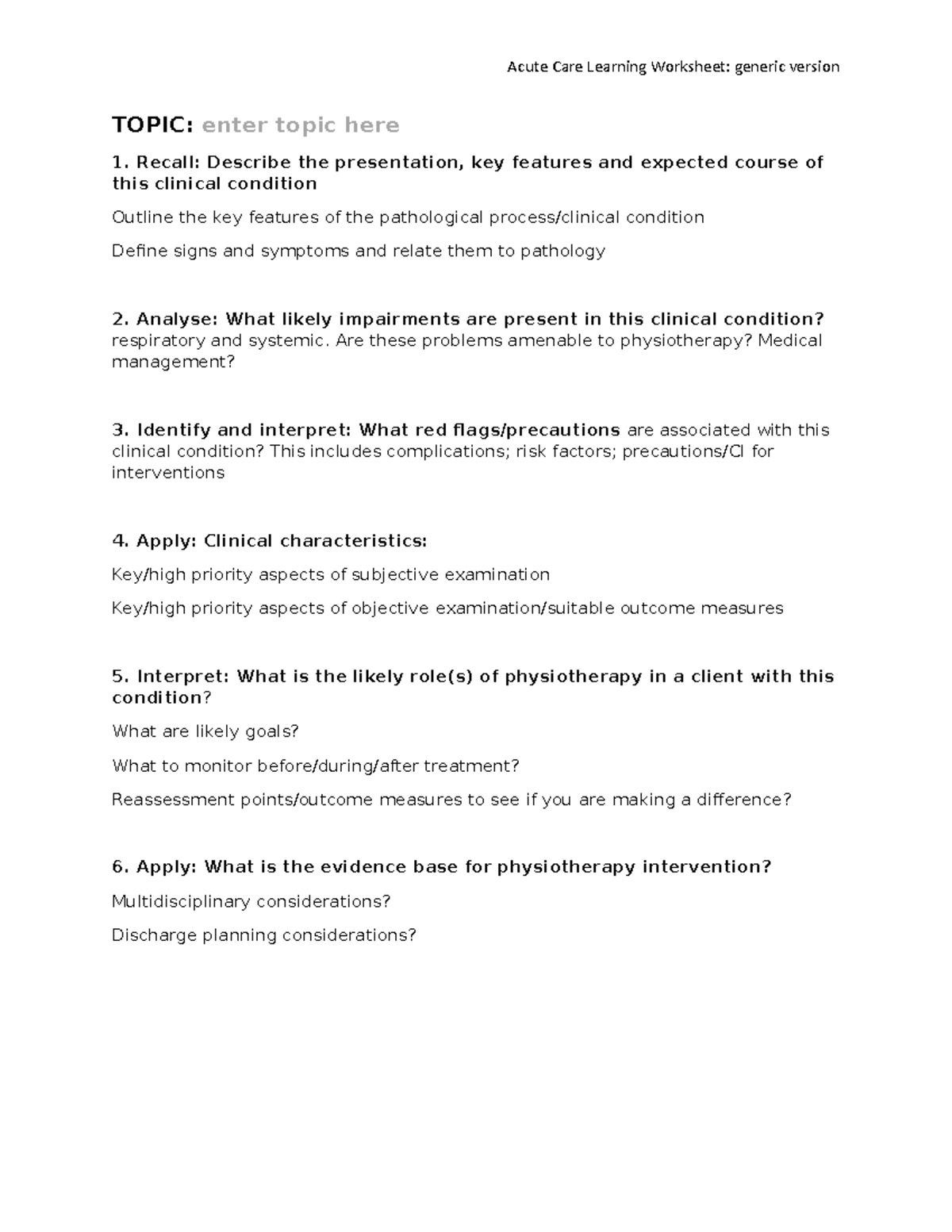 Learning Worksheet generic template - Acute Care Learning Worksheet ...