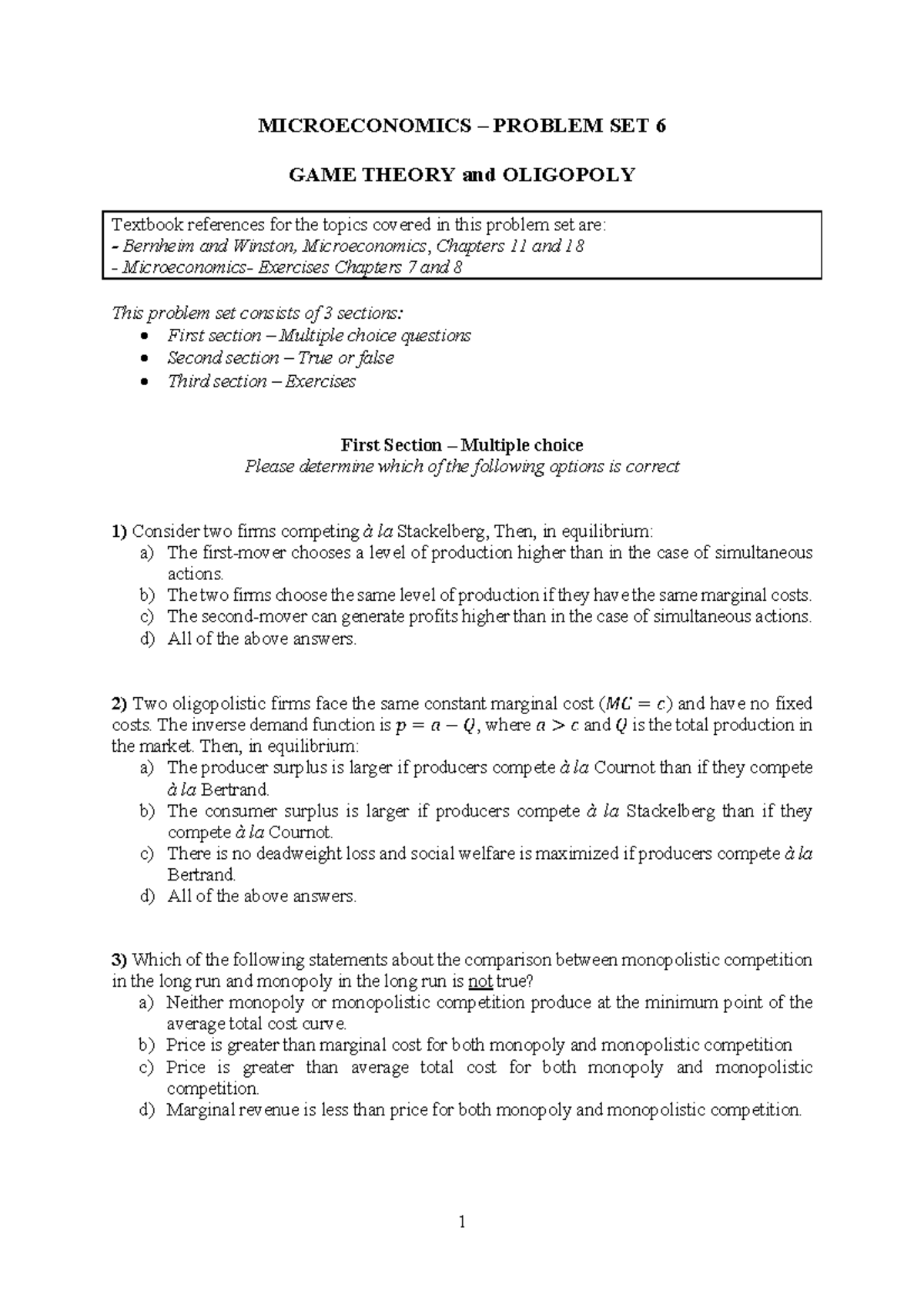 Microeconomics PS6 text - MICROECONOMICS – PROBLEM SET 6 GAME THEORY and OLIGOPOLY Textbook ...