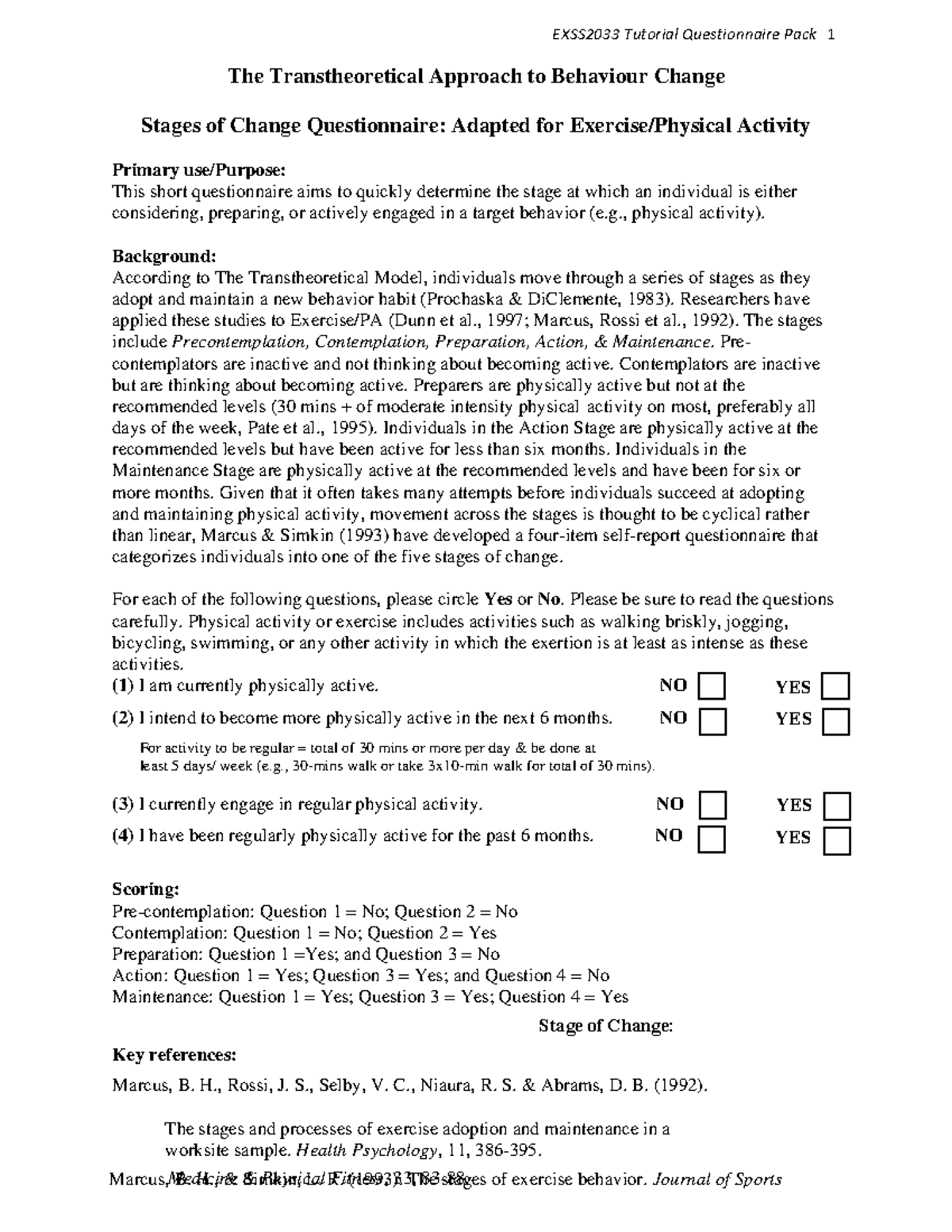 Transtheoretical Approach to Behaviour Change Questionnaire - Studocu