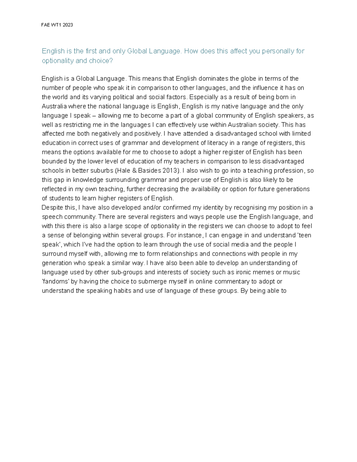 FAE - WT1 - FAE writing task 1 - FAE WT1 2023 English is the first and ...