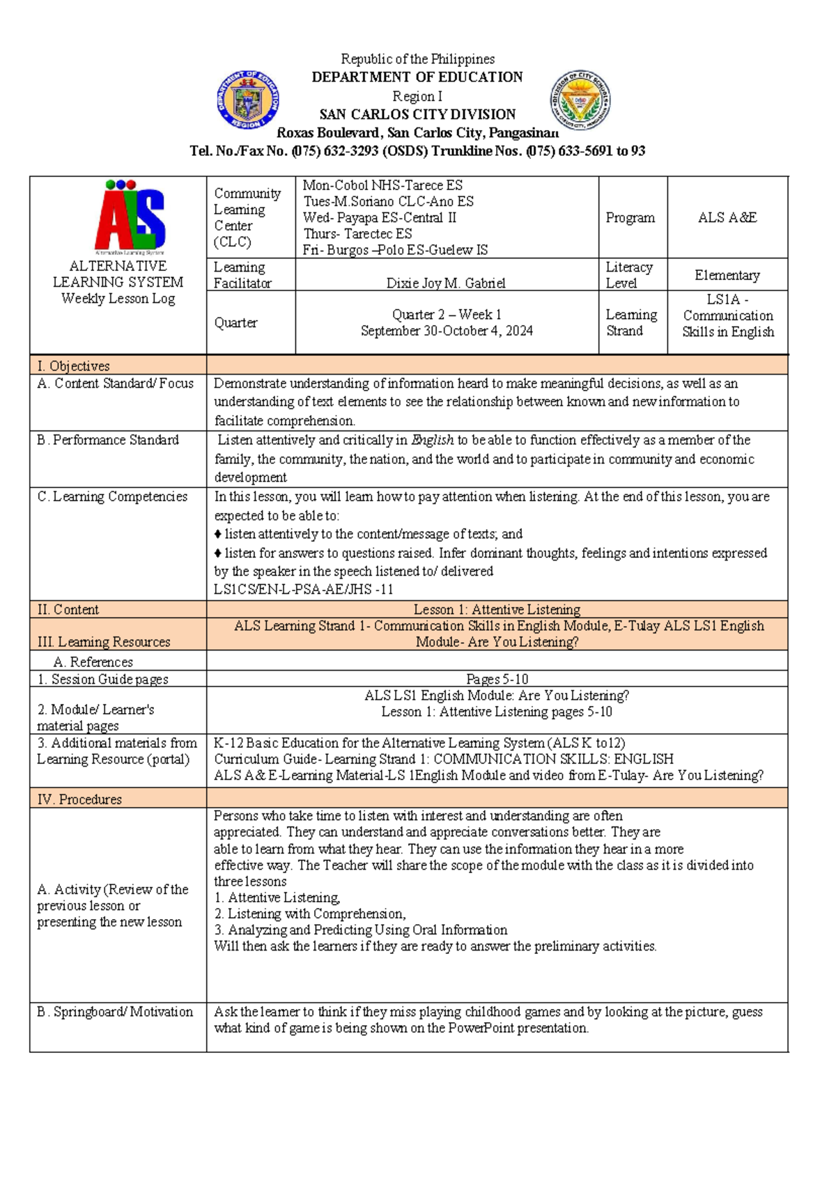 WLL Q2 W1 AE VAN - LESSON FOR QUARTER 2 - Republic of the Philippines ...