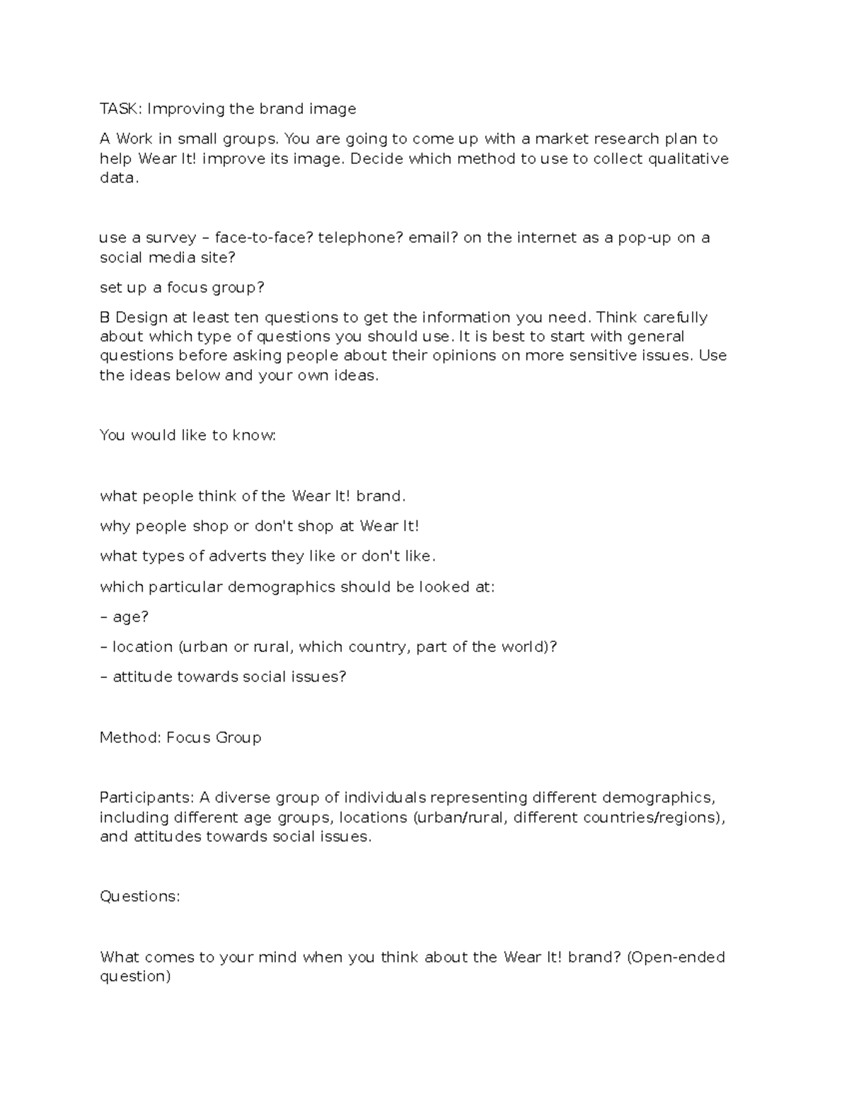 BW1 - For newcomers - TASK: Improving the brand image A Work in small ...