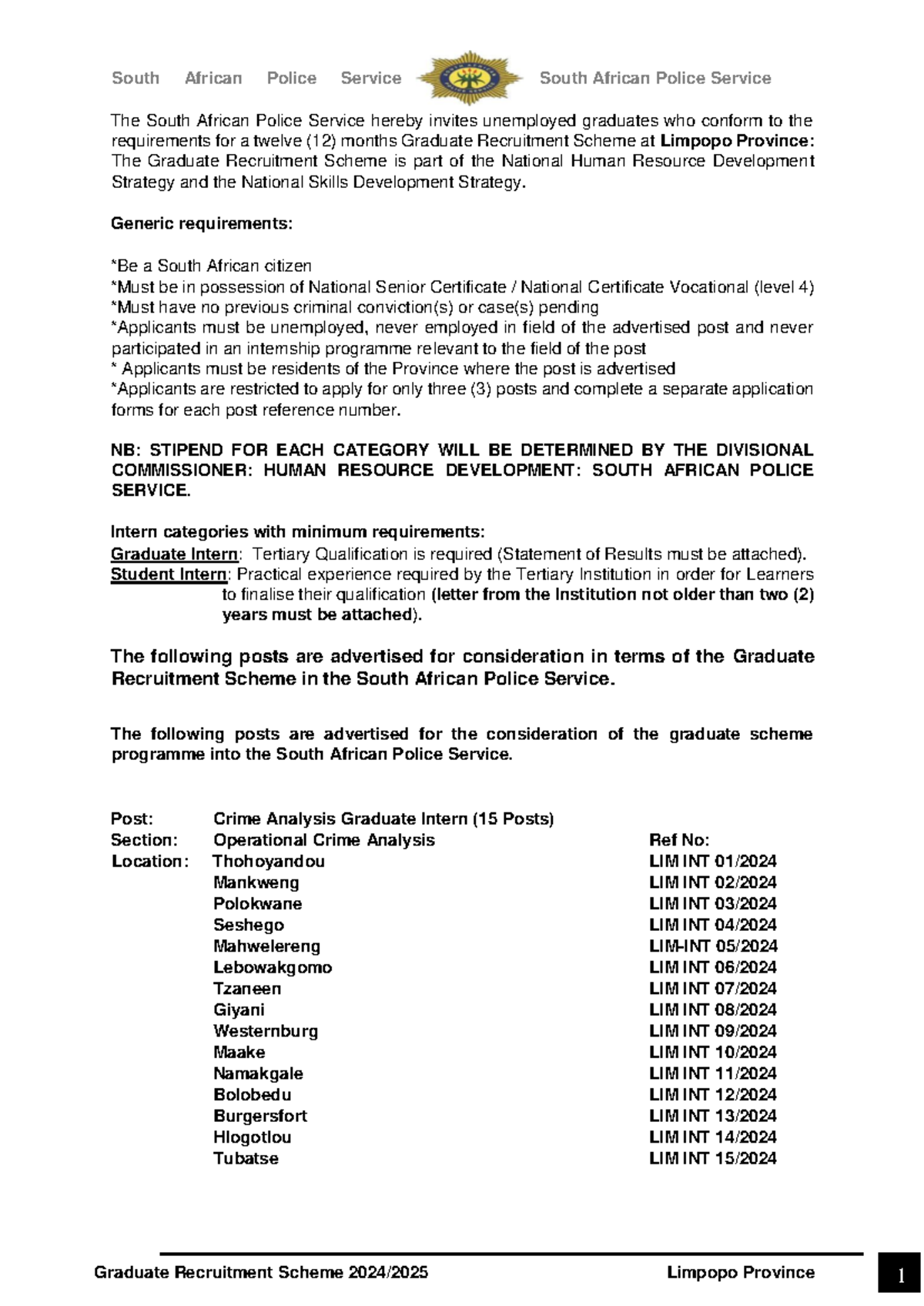 SAPS Graduate Recruitment Limpopo 1714815891 - South African Police ...