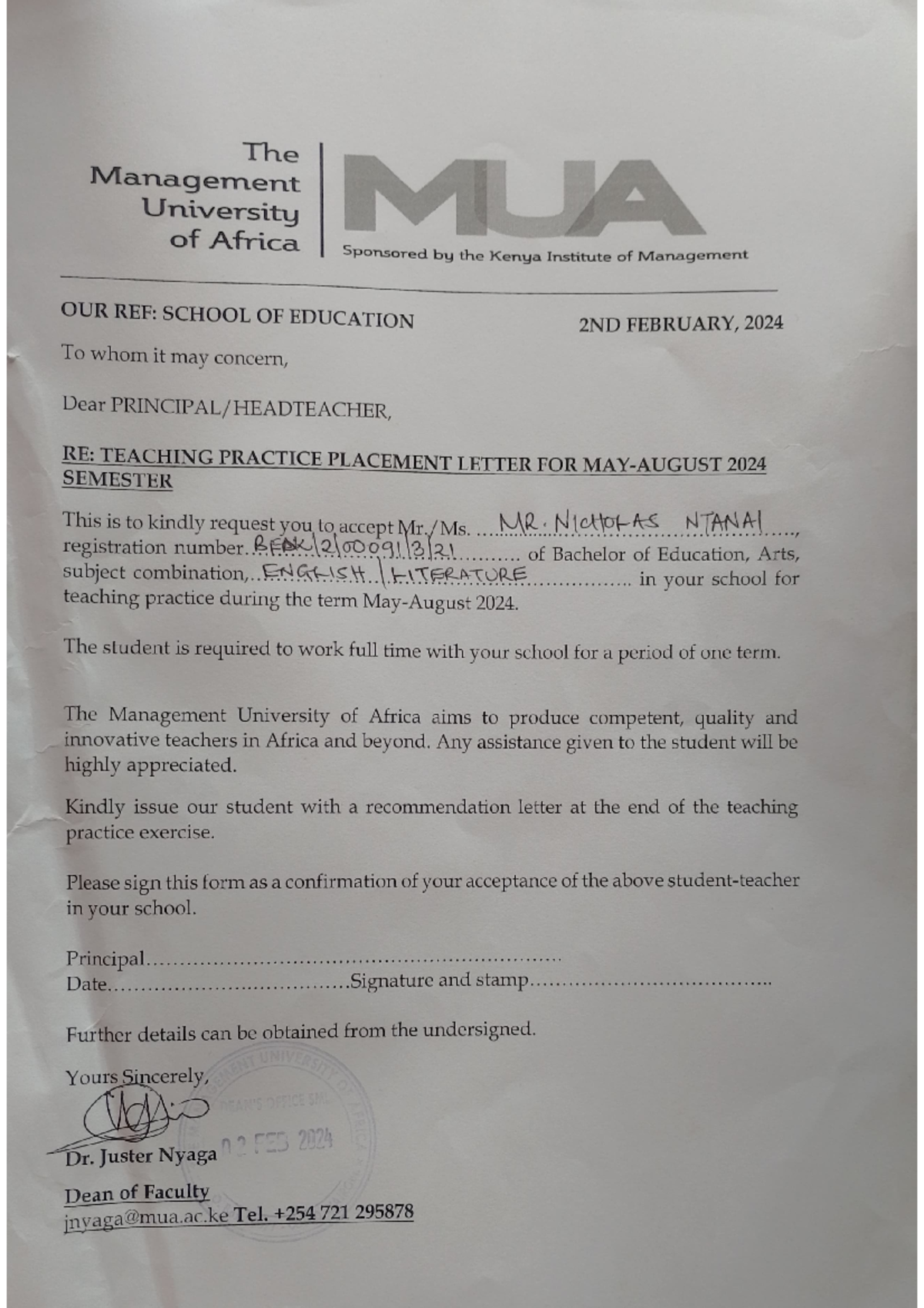 Teaching practice placement letter - Team Leadership and Group Dynamcis ...