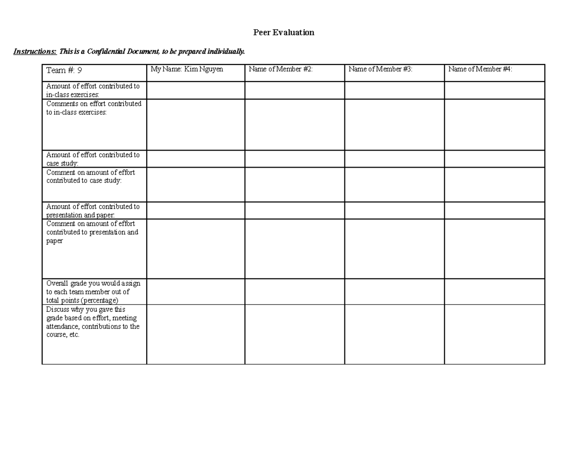 BPS 4305 Peer Evaluation Form - Peer Evaluation Instructions: This is a ...
