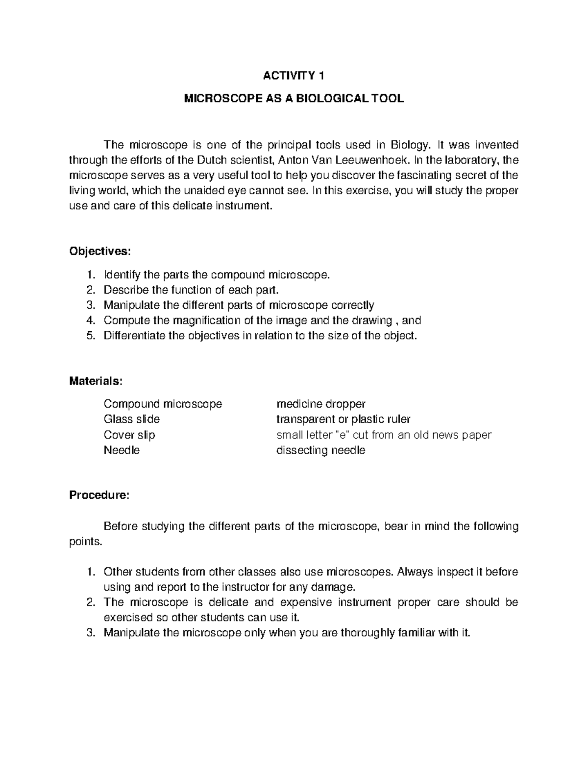 Activity 1 Microscope AS A Biological TOOL - ACTIVITY 1 MICROSCOPE AS A ...