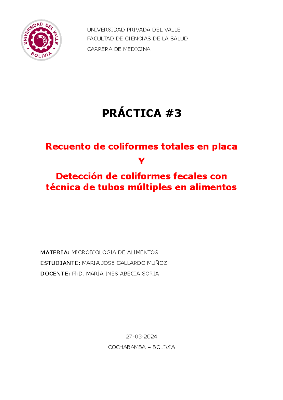 Informe recuento de coliformes - PRÁCTICA Recuento de coliformes ...