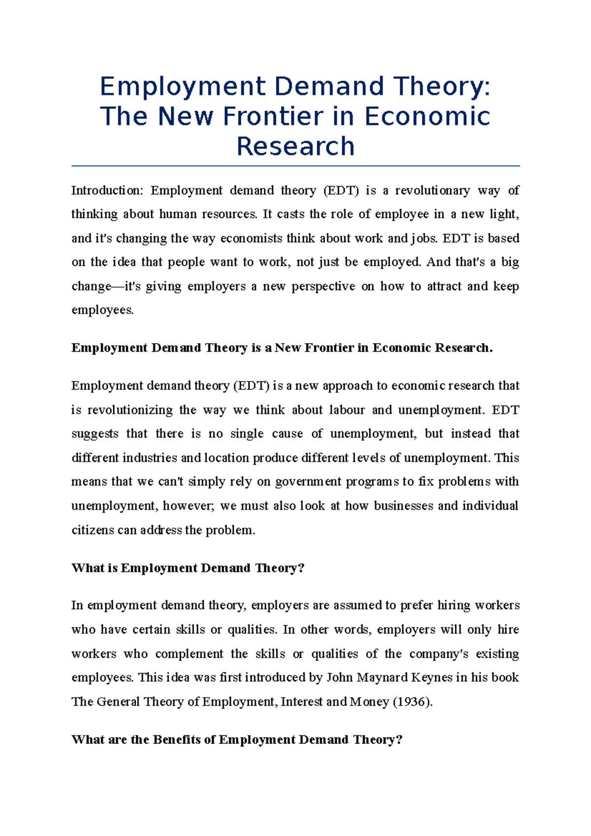 Employment Demand Theory, The New Frontier in Econ omic Research ...