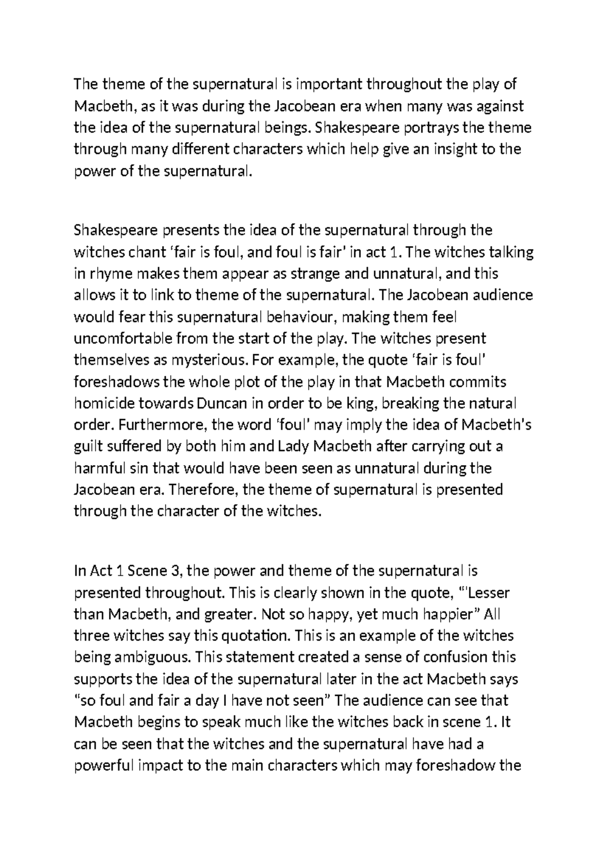 Macbeth Essay - Supernatural - The theme of the supernatural is ...