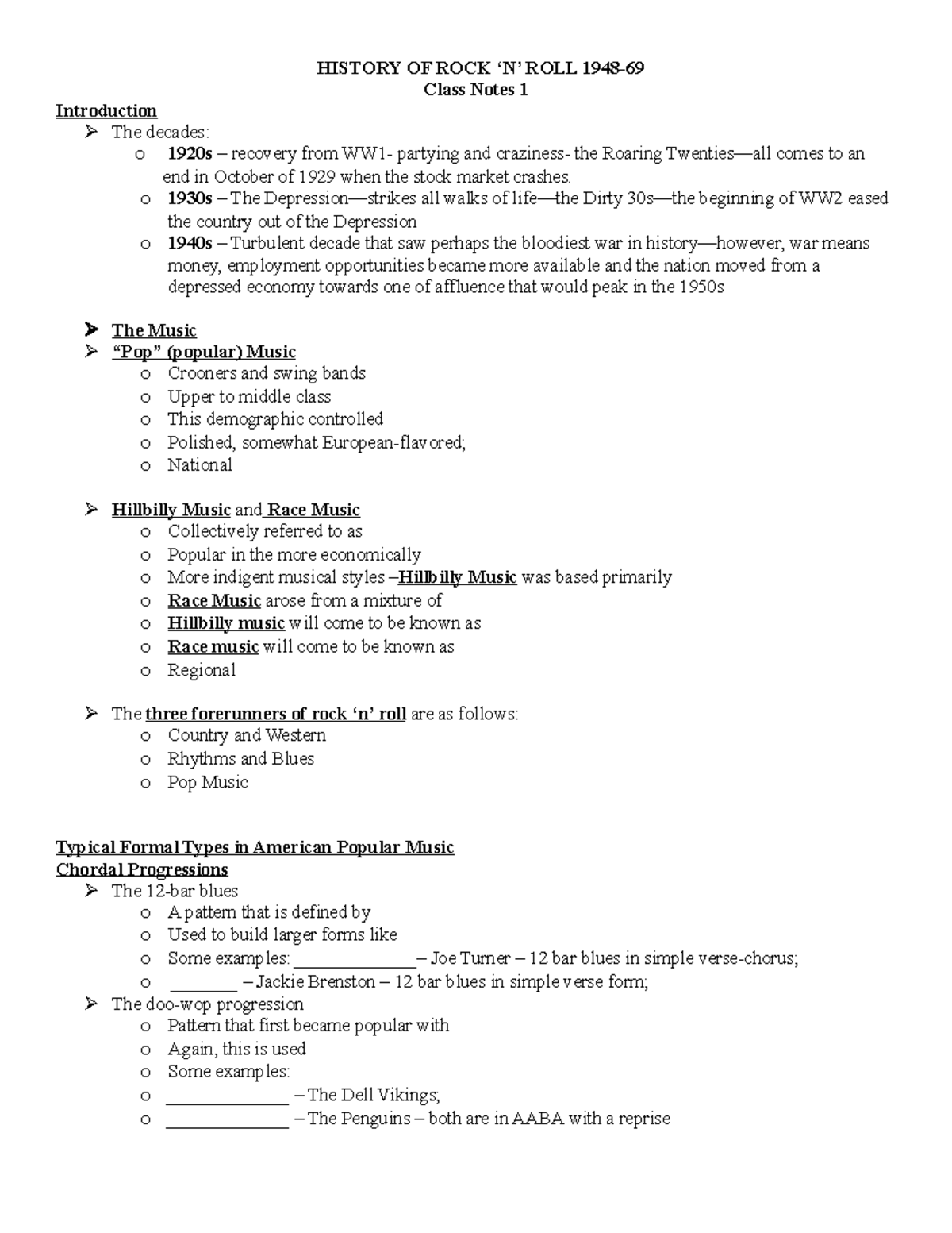 Class Notes - 1 - HISTORY OF ROCK ‘N’ ROLL 1948- Class Notes 1 ...