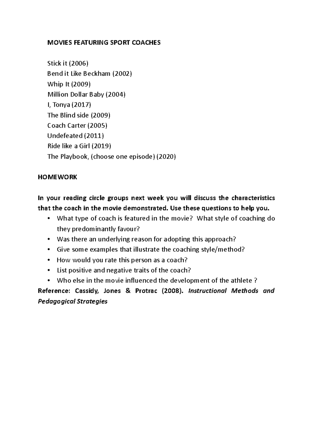 Homework- Movies Featuring Sport Coaches - MOVIES FEATURING SPORT ...