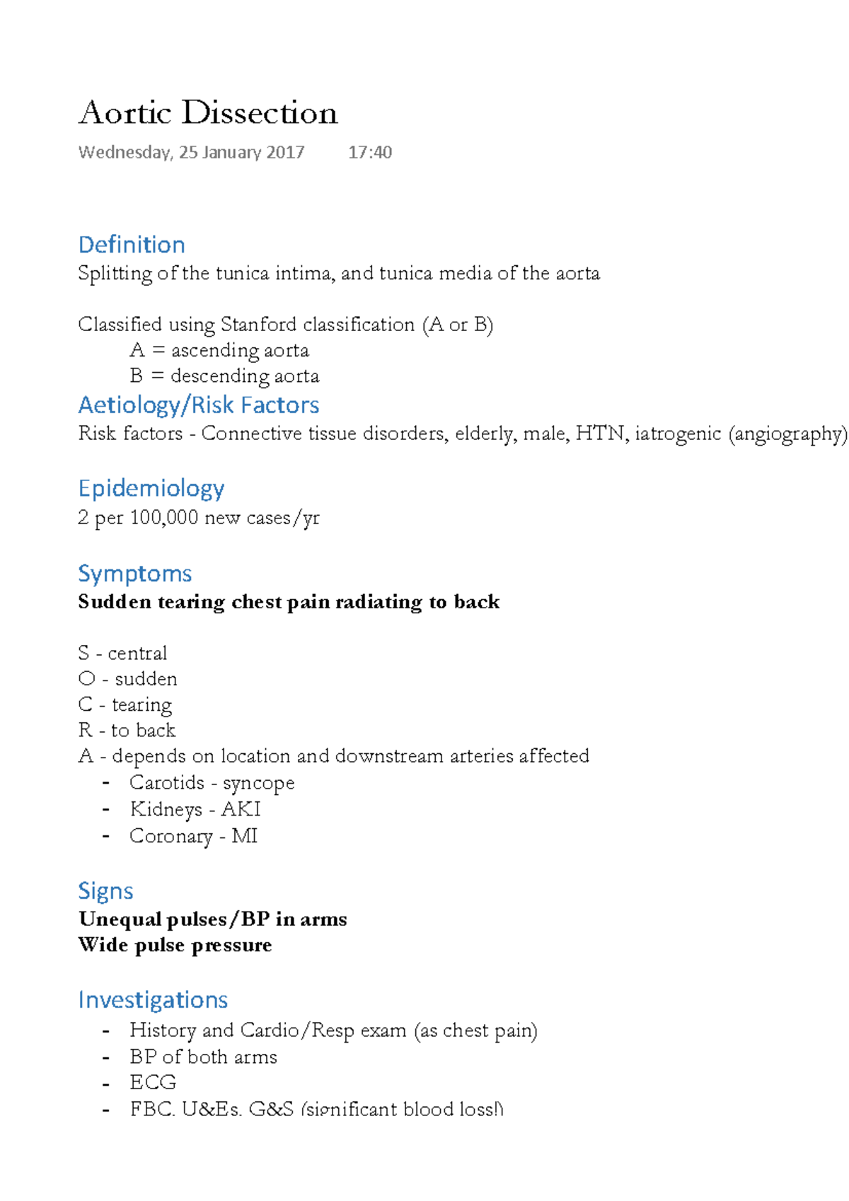 Aortic Dissection - AD notes - Aortic Dissection Wednesday, 25 January ...