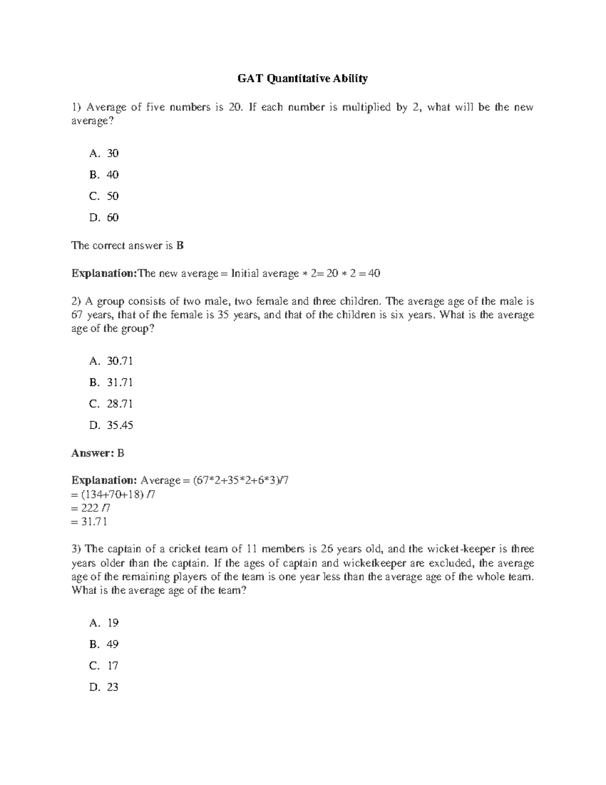 GAT Quantitative Ability - GAT Quantitative Ability Average of five numbers is 20. If each ...