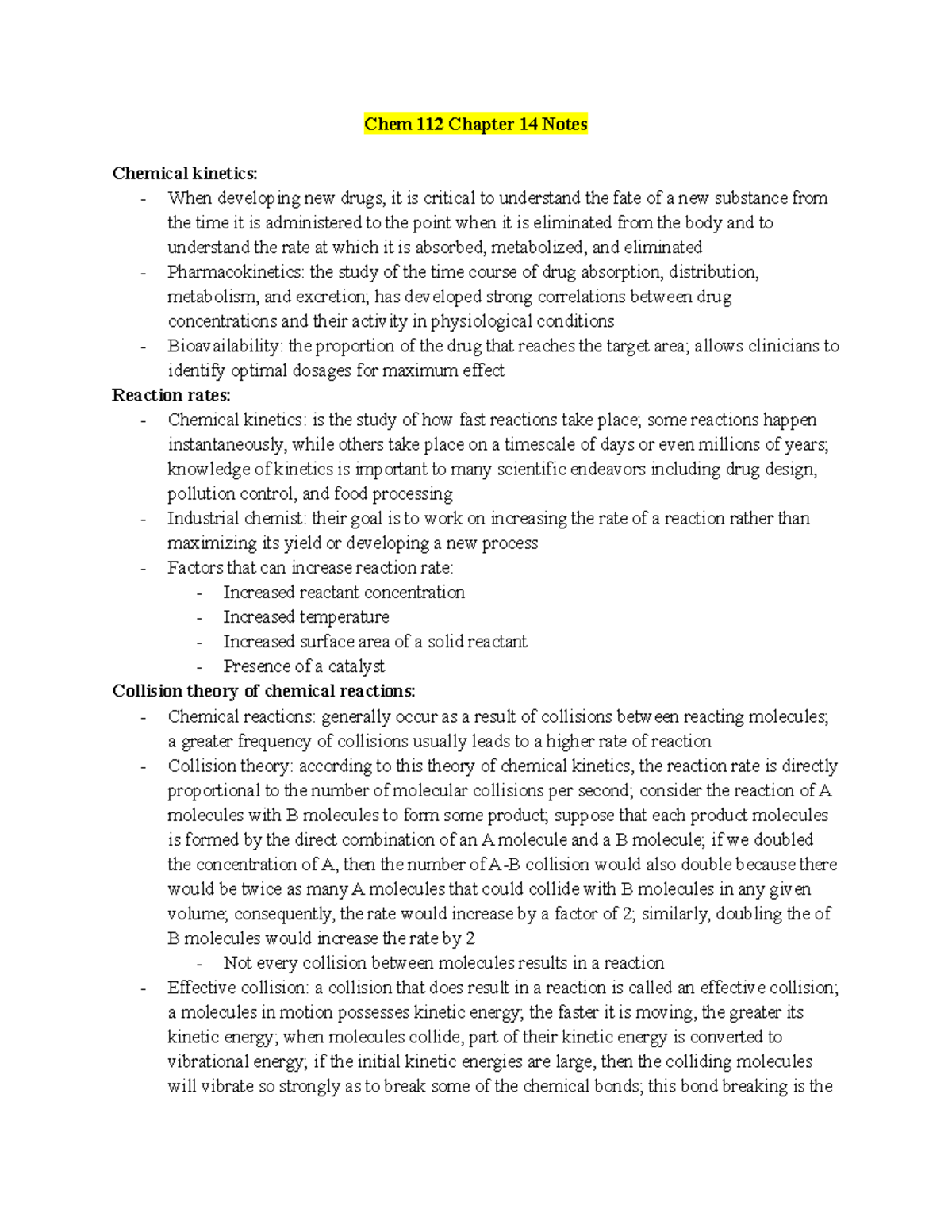 Chem II chapter 14 Notes - Chem 112 Chapter 14 Notes Chemical kinetics ...