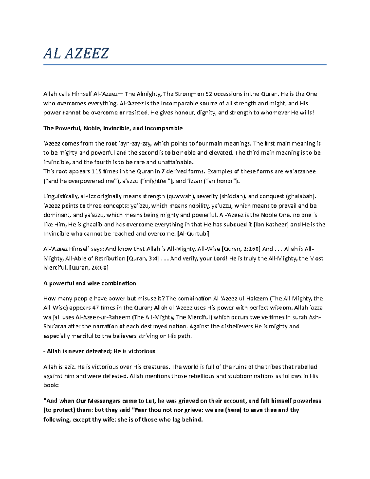 AL Azeez Asma UL Husna Explanation Notes - AL AZEEZ Allah calls Himself ...