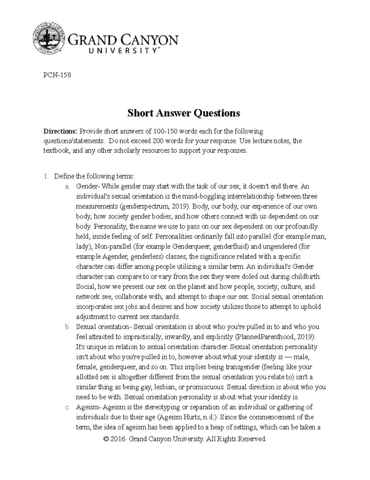 Short Answer Questions PCN-158 - PCN- Short Answer Questions Directions ...