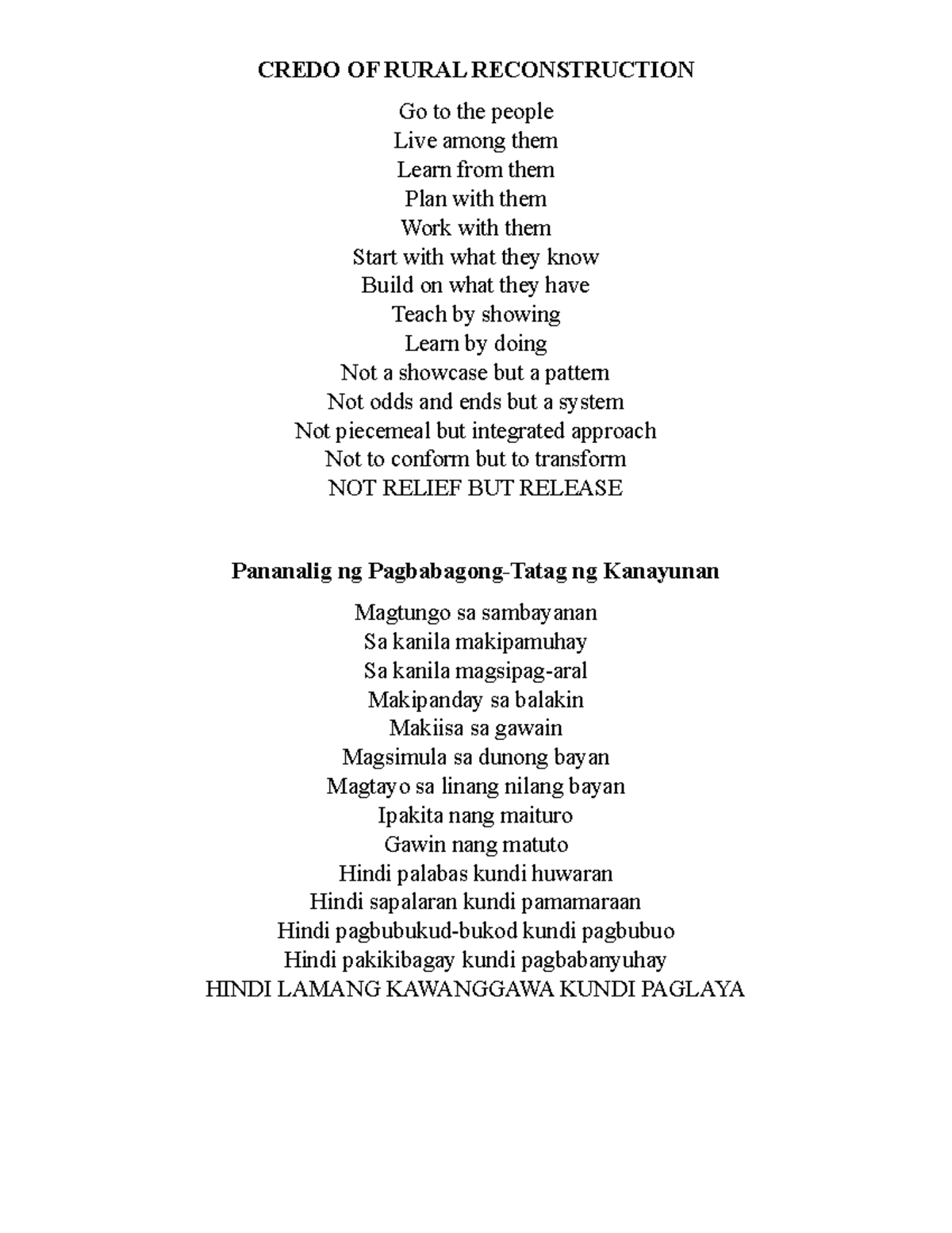 Credo OF Rural Reconstruction - CREDO OF RURAL RECONSTRUCTION Go to the ...