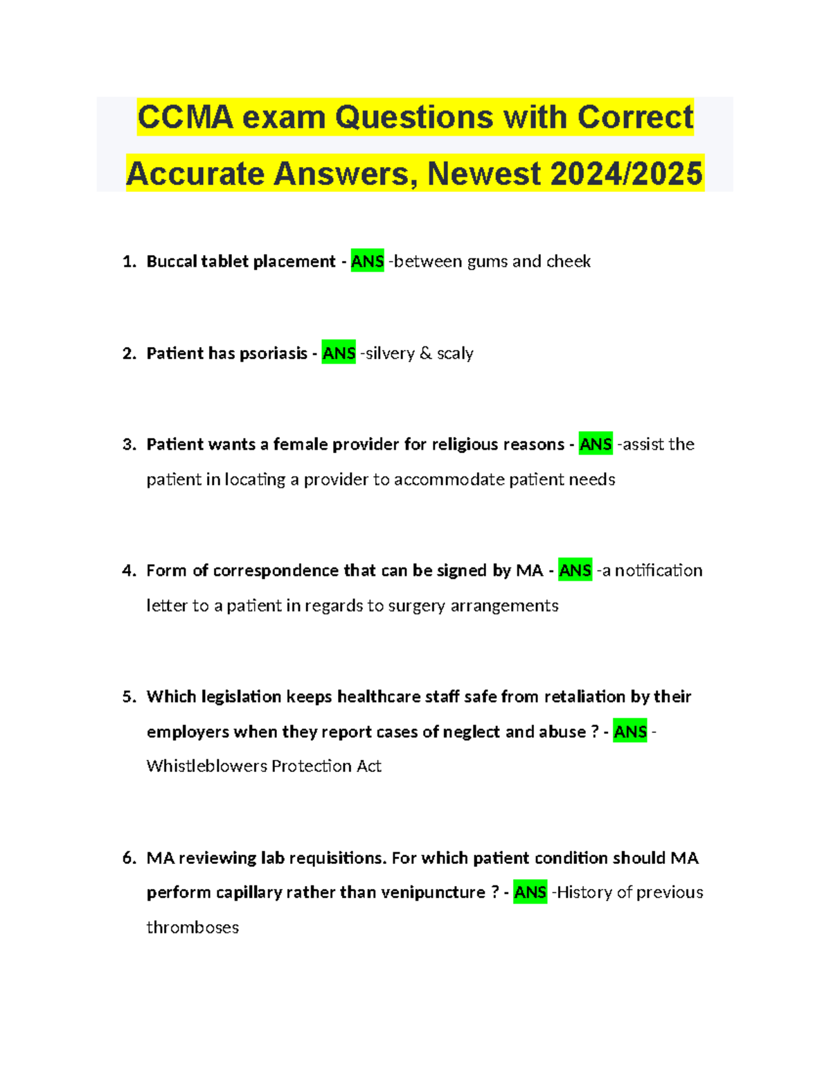 CCMA exam Questions with Correct Accurate Answers - For which patient ...