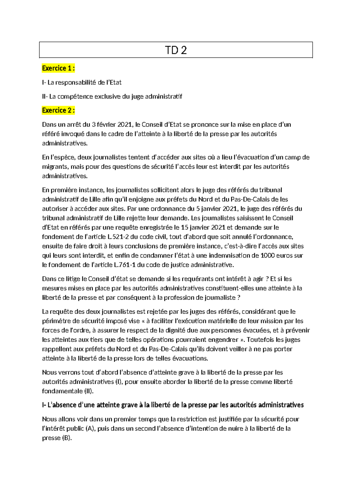 TD 2 - droit administratif - TD 2 Exercice 1 : I- La responsabilité de l’Etat II- La compétence ...