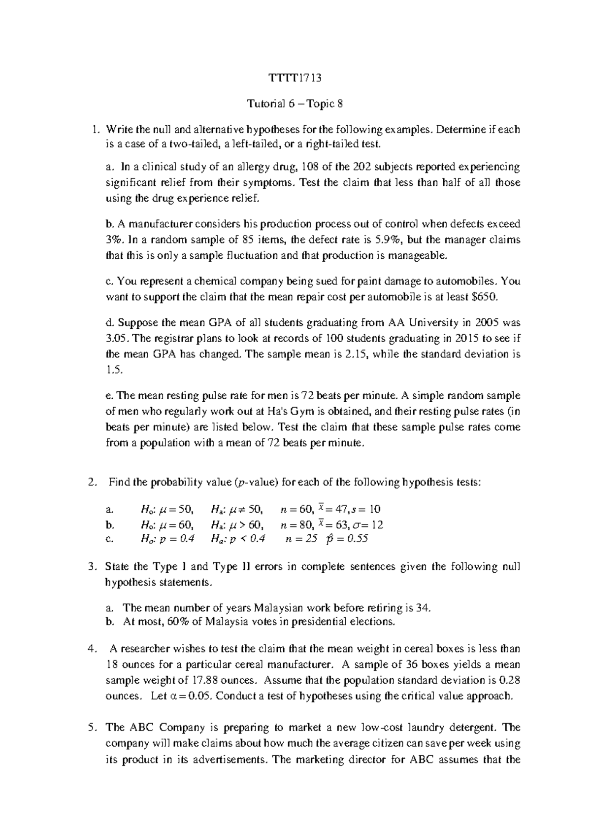 Tutorial 6 - Topic 8 - TTTT Tutorial 6 – Topic 8 Write the null and ...