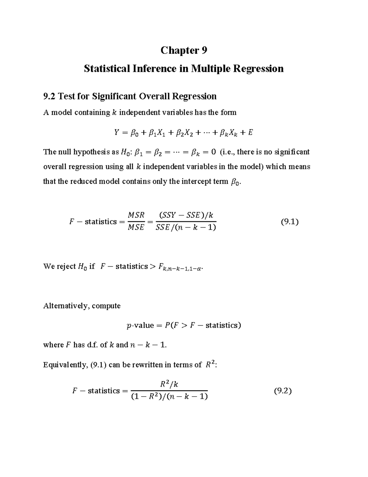 Chapter 9: Statistical Inference in Multiple Regression - STAT 3115Q ...